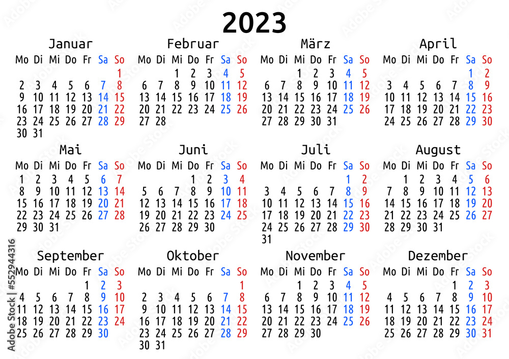 2023 calendar, German, Germany. Vector compact annual wall or planner ...
