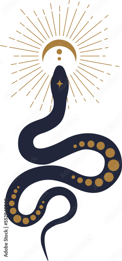 Magic snake with moon, star and crescents. Mystical symbols in a trendy ...