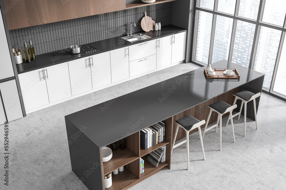 Top view of grey kitchen interior with bar countertop and panoramic ...