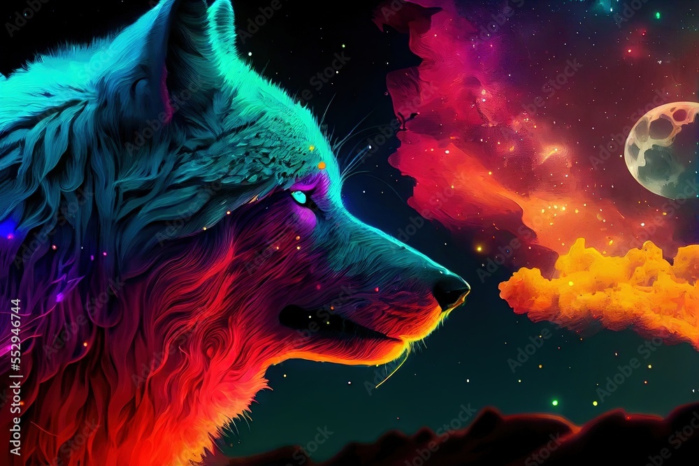 wolf galaxy/space vibrant colorful howling moon Stock Illustration ...