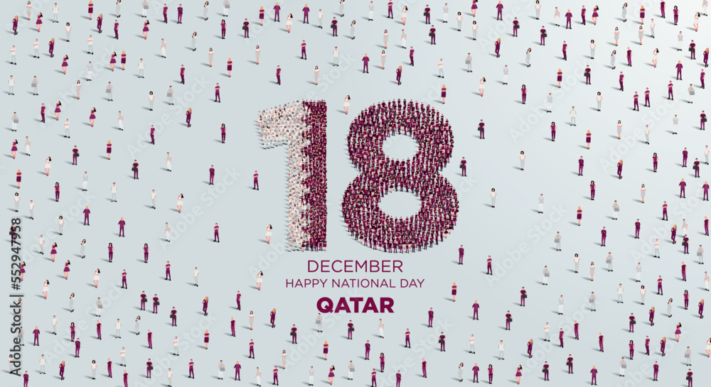 Happy National Day Qatar. A large group of people form to create number ...