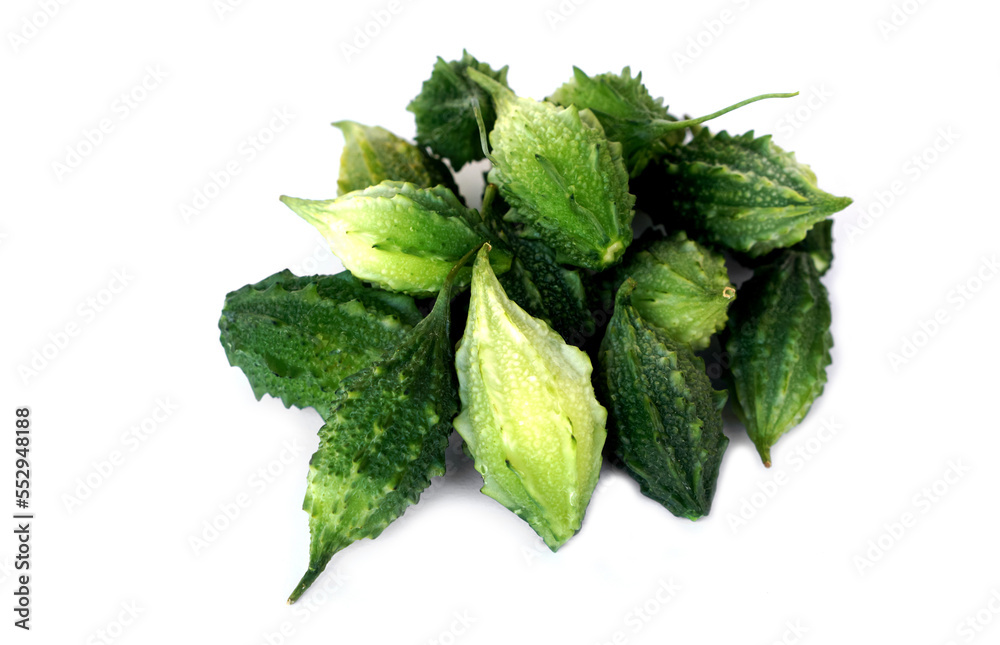 Pile of organic bitter gourd fruits on white background. Concept, Thai ...