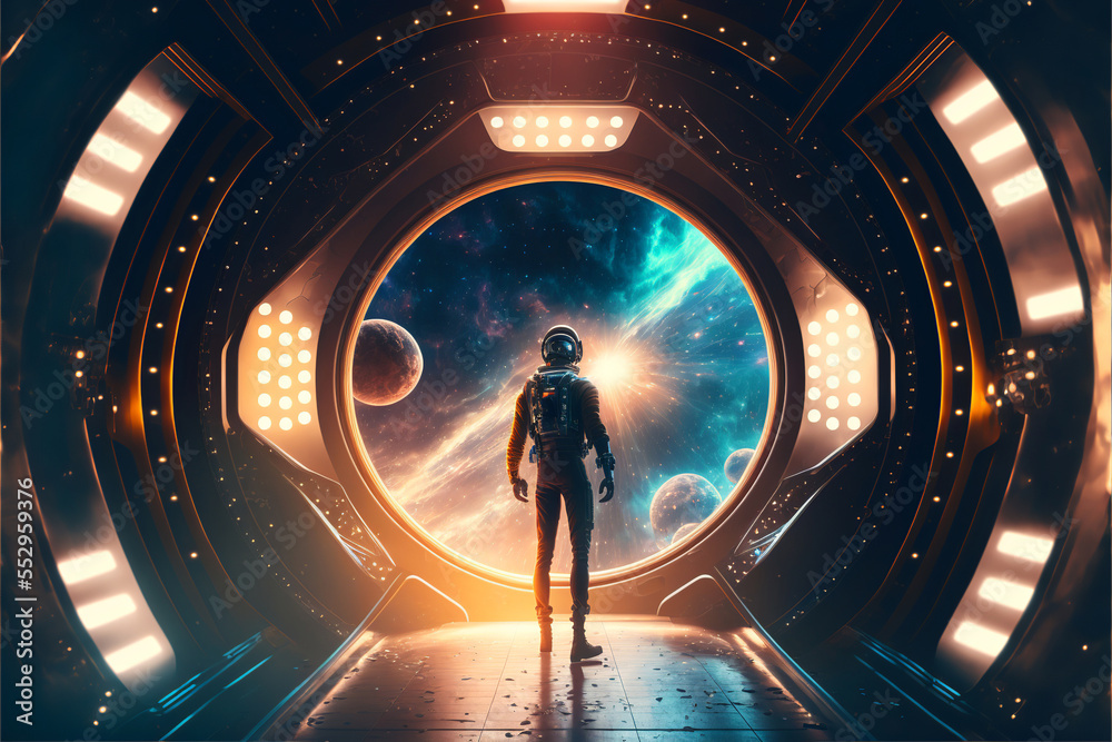 A space explorer in a spacesuit stands on the bridge of their ...