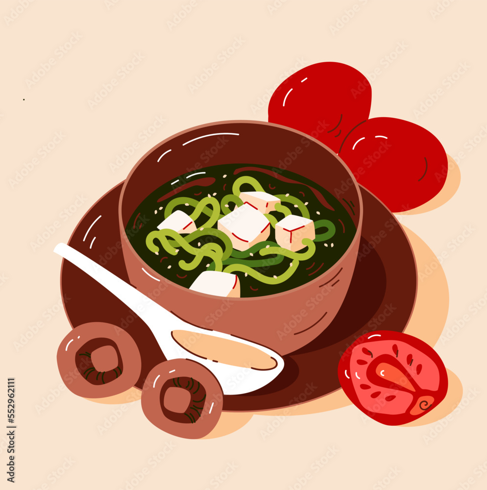 Miso soup. A dish of Japanese cuisine, soup with miso paste. Vector ...