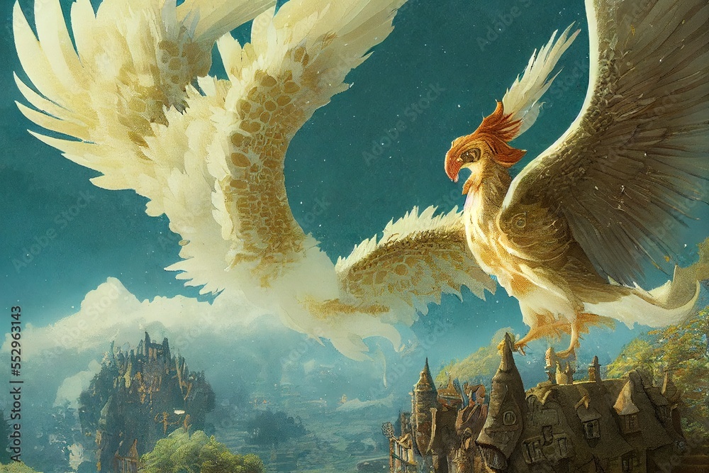 Illustration of Fantasy Gryphon Flying Above Sea and Montains ...