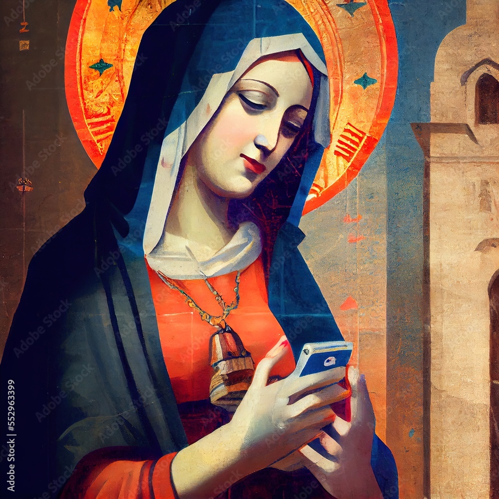 Holy Mary Mother of Jesus with Aureola with Smartphone Cellphone ...