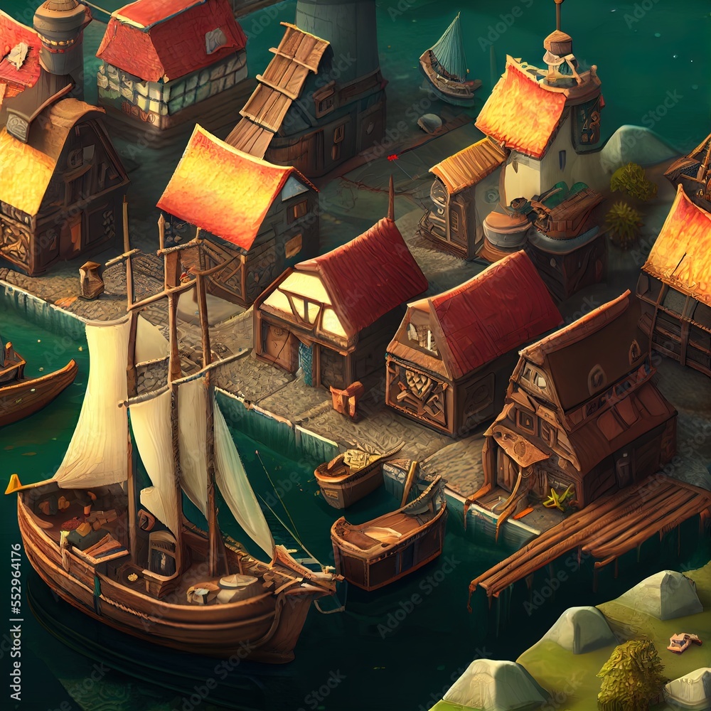 Medieval Fantasy Sea Port with Ships and Boats - Diorama, Isometric ...