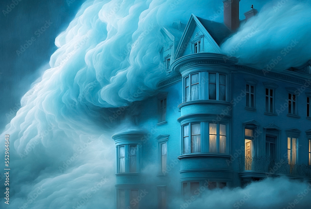 Visual effect of a house disappearing in fog or mist, fantasy cityscape ...