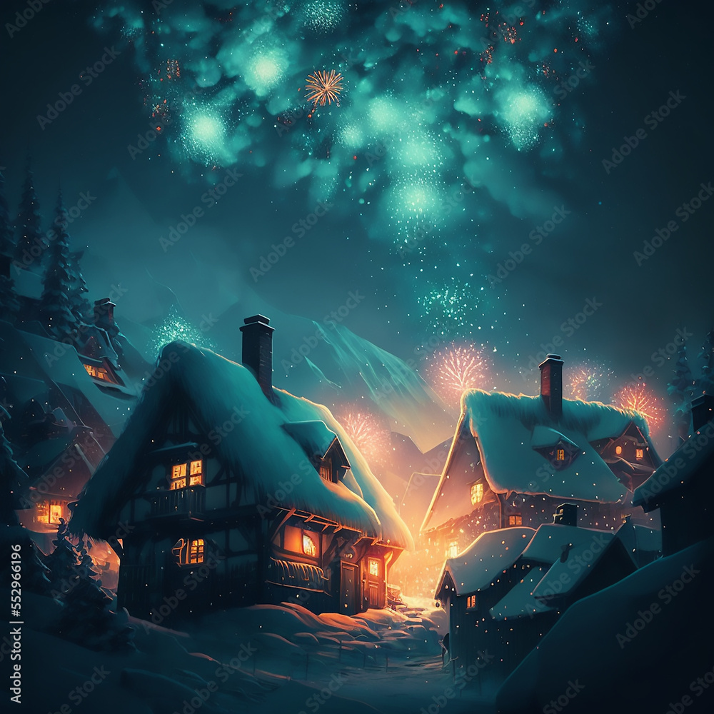 small hobbit village, with snow-covered rooftops that seem to float in ...