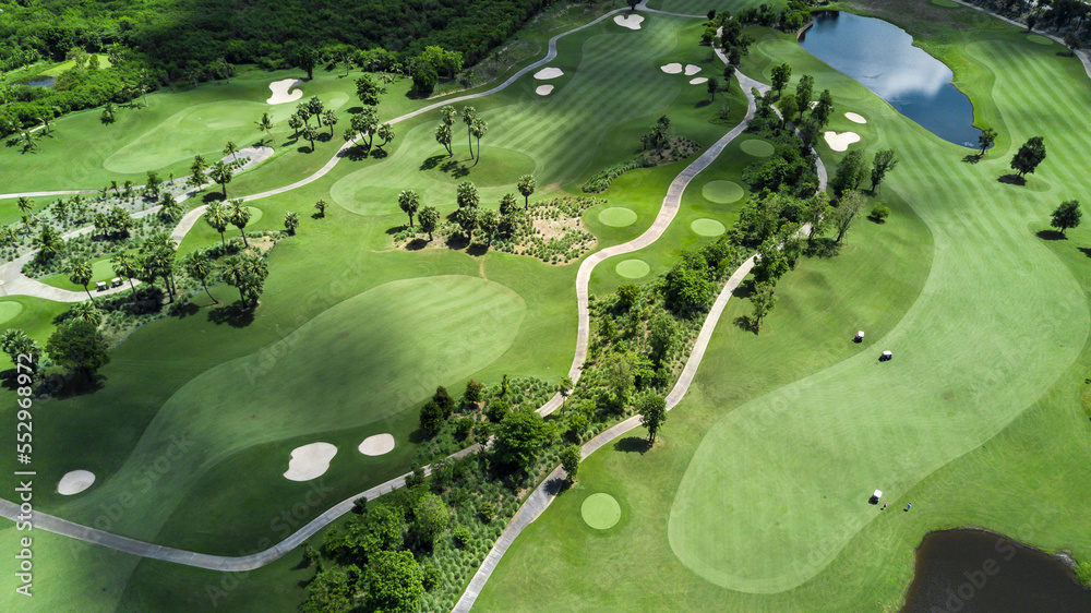 Aerial view of green golf course and putting green, Aerial view of ...