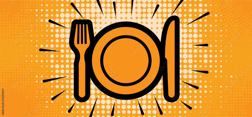 Dinner plate icon or logo. Cartoon Plate dish with fork and knife ...