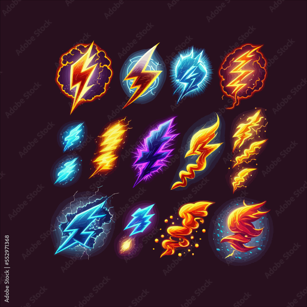 Cartoon lightning effect. Thunderbolt strike comic sprite asses for ...