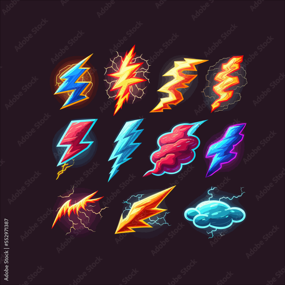 Cartoon lightning effect. Thunderbolt strike comic sprite asses for ...