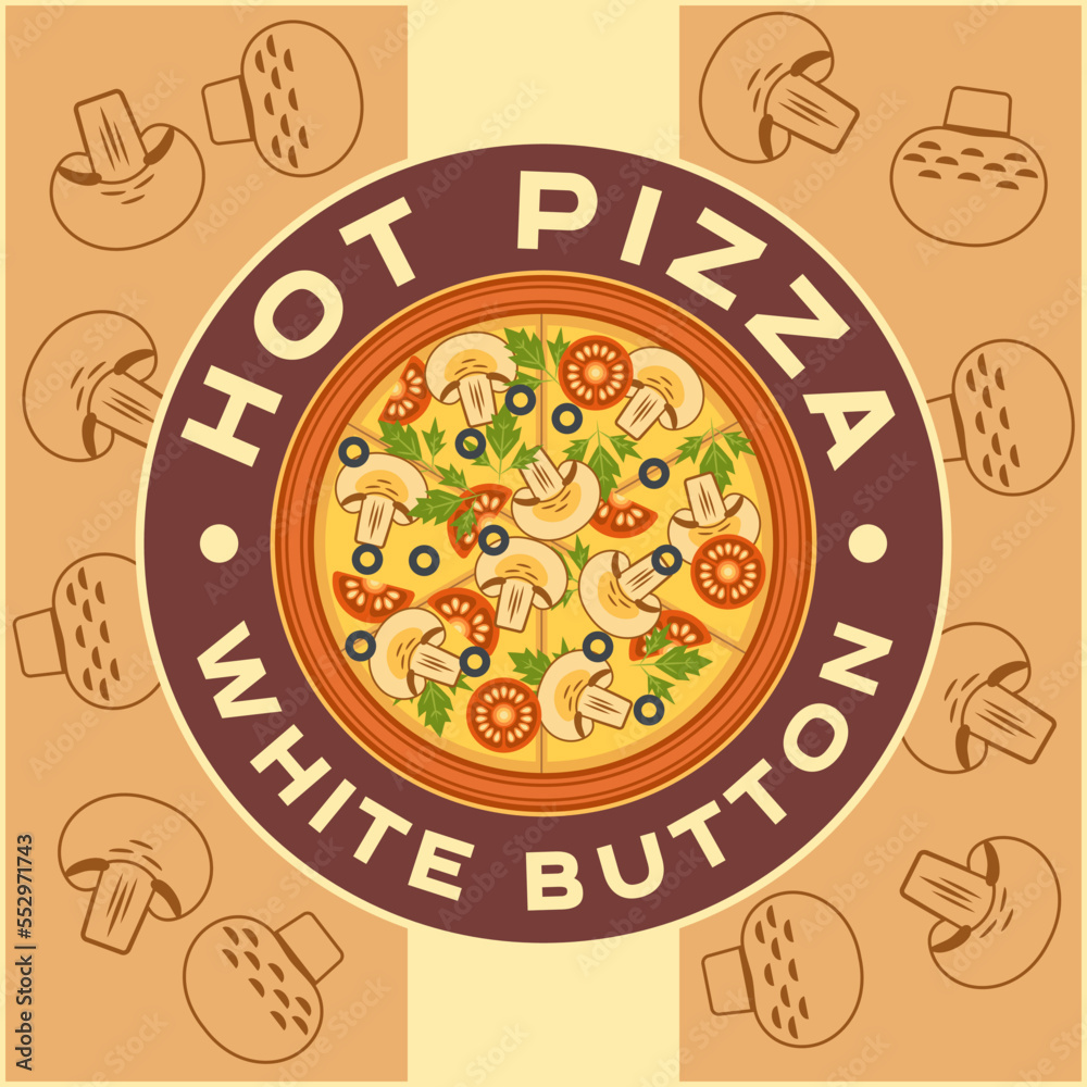 Round logo with fresh pizza with mushrooms, tomato, olive, parsley ...