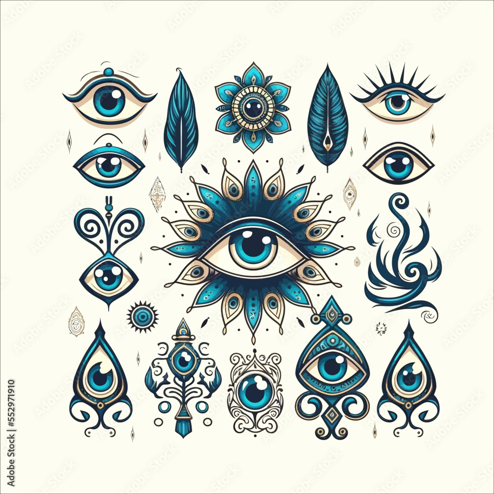 Doodle evil eye. Cartoon traditional Turkish luck. Isolated on a white ...