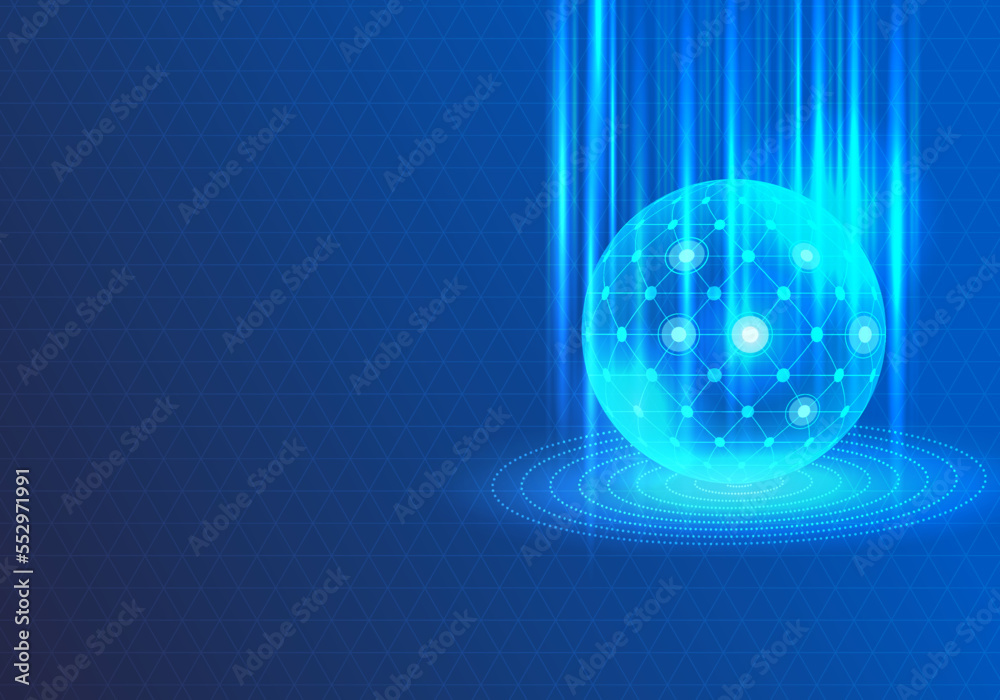 Poster Technology processor background It is a glowing blue sphere with ...