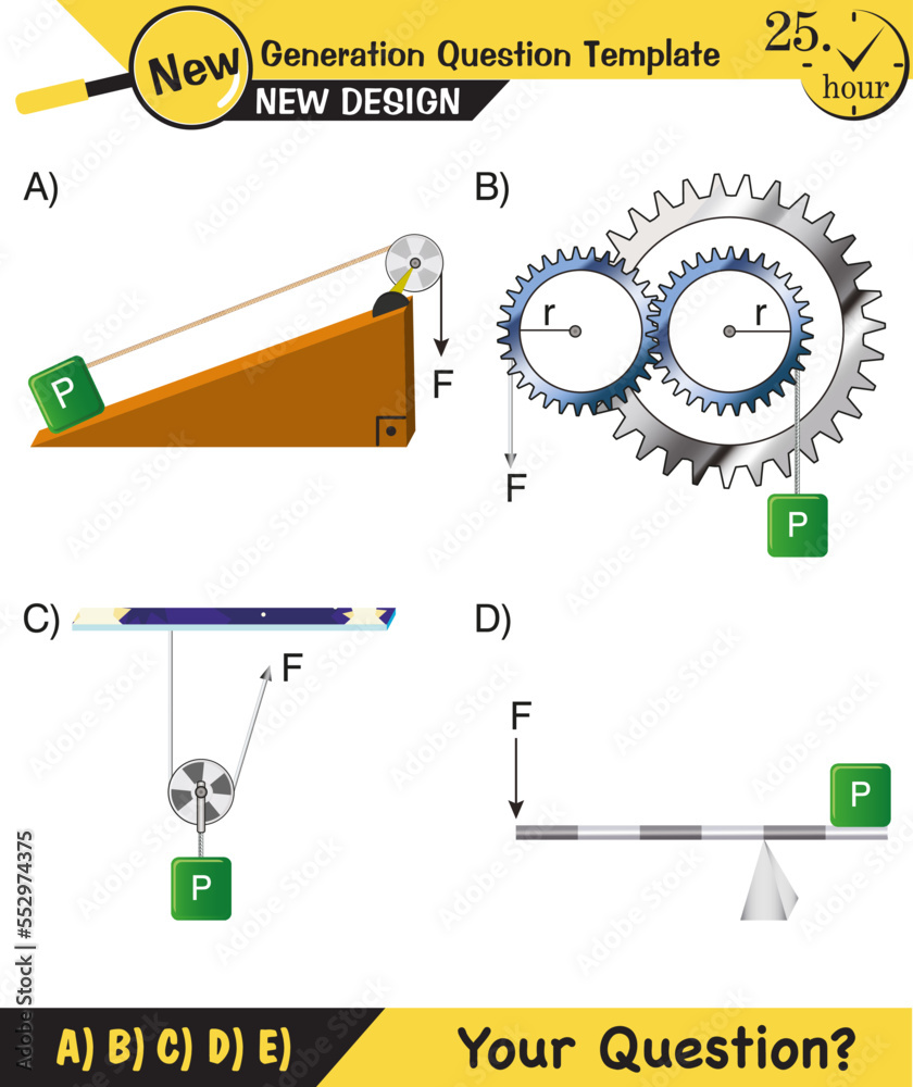 Physics, simple machines, inclined plane, spinning wheel, pulleys, next ...