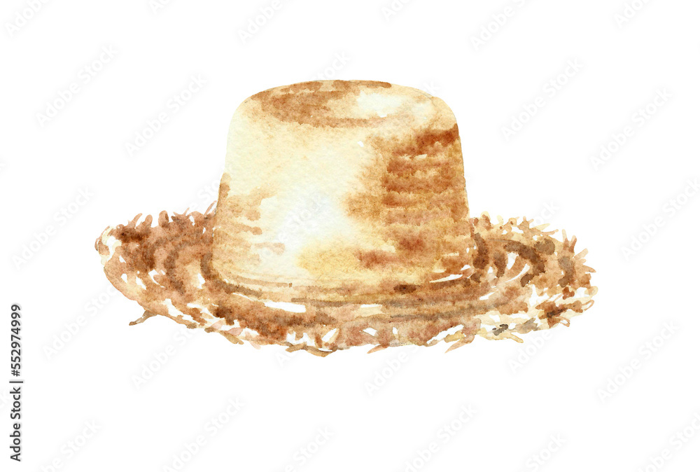 Hand-painted Watercolor straw hat illustration.Watercolor summer hat ...