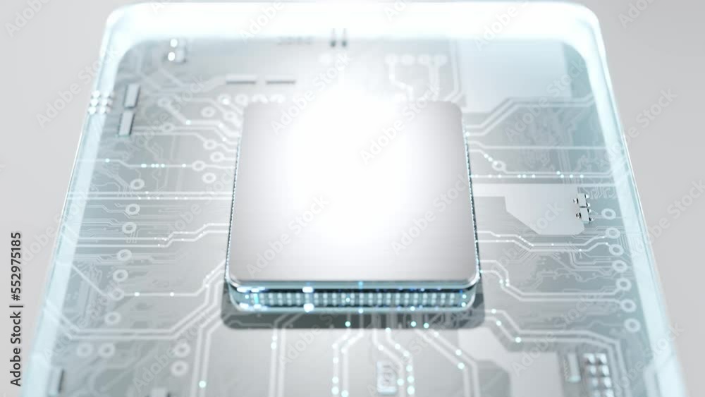 White circuit board animation and Alpha Channel. Selective focus on microchip. CPU Mock-Up. Can ...