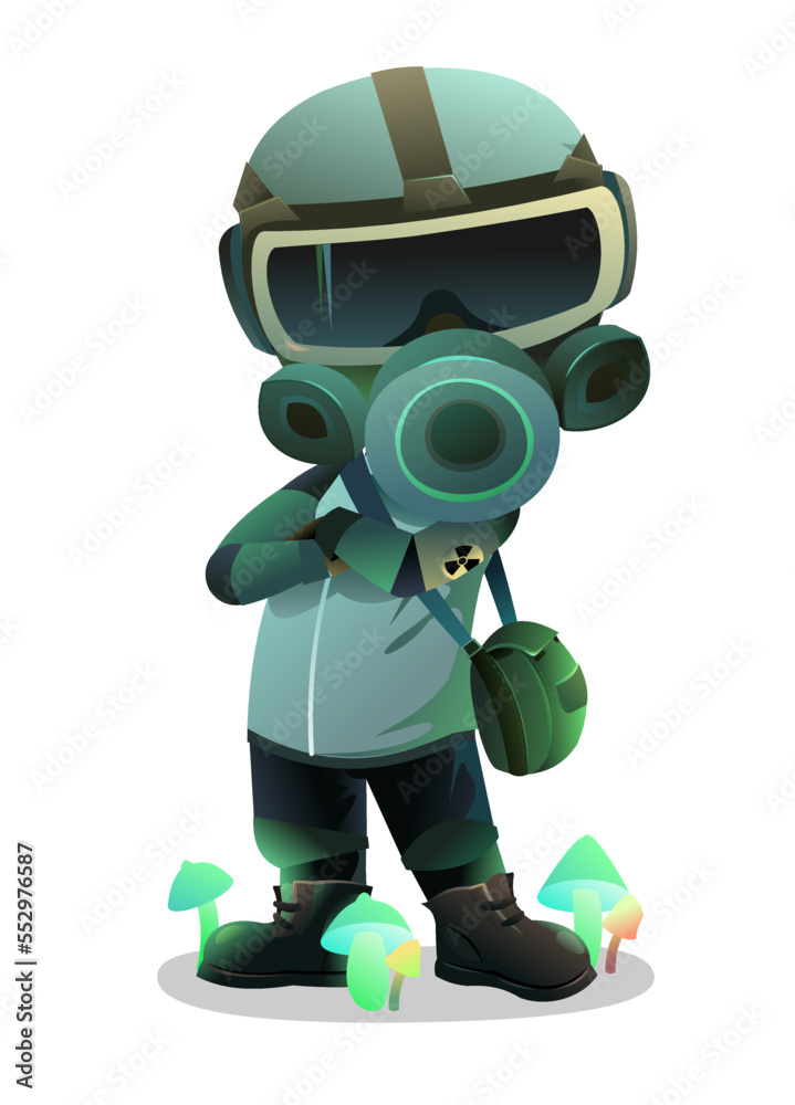 Man in gas mask stands among radiation glowing mushrooms. Character in ...