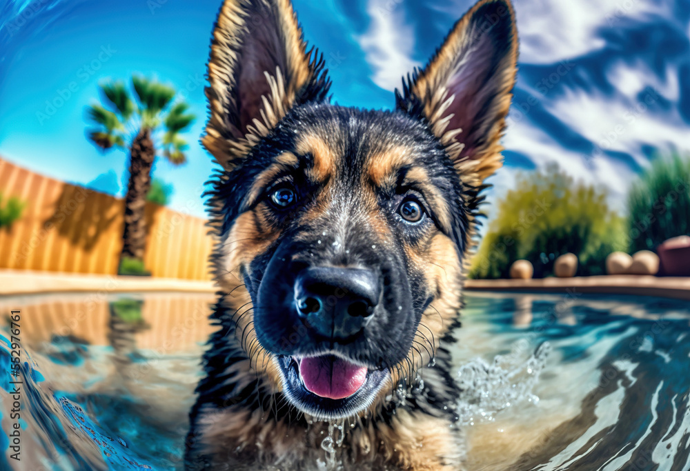 fisheye lens captured a cute German Shepherd puppy dog, having fun in ...