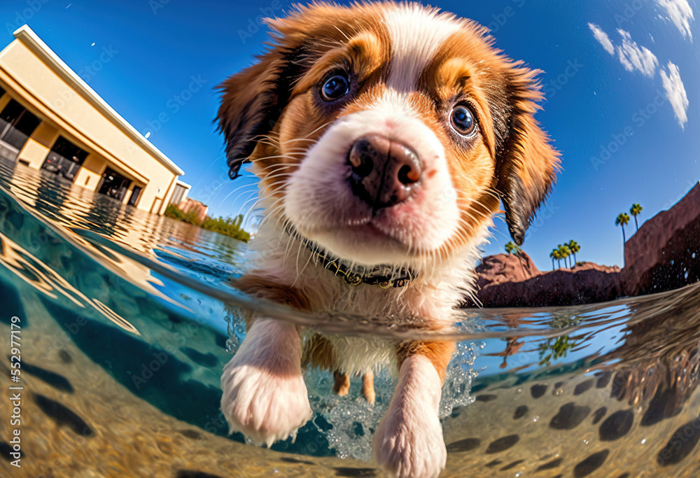 fisheye lens captured a cute San Bernardo puppy dog, having fun in the ...