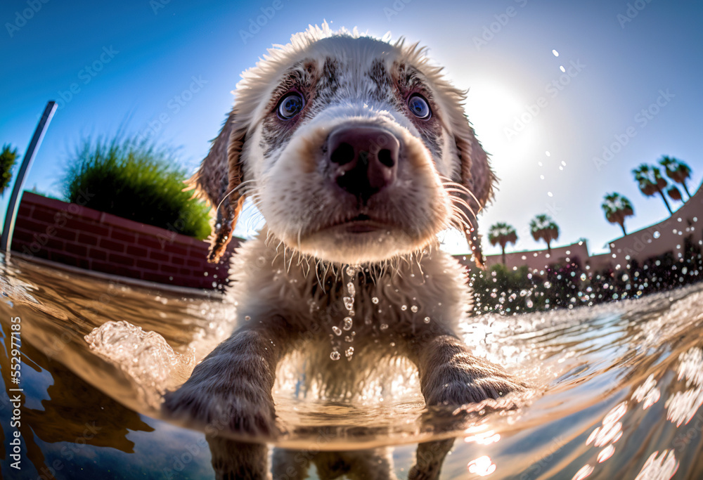 fisheye lens captured a cute San Bernardo puppy dog, having fun in the ...