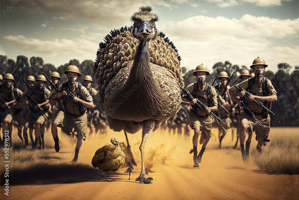 Comedic illustration of the Great Emu War. Soldiers trying to herd a ...