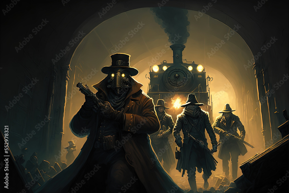 Cinematic illustration of the great train robbery heist. Thieves with ...