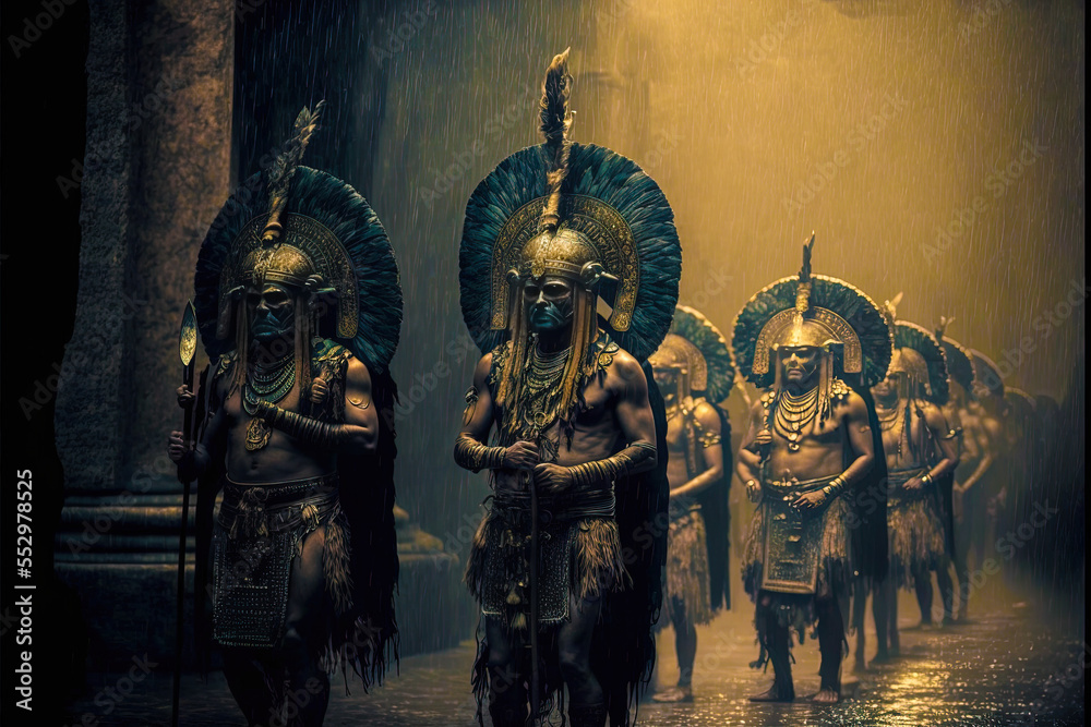 Ancient civilisation art featuring Aztec warriors in ceremony during ...