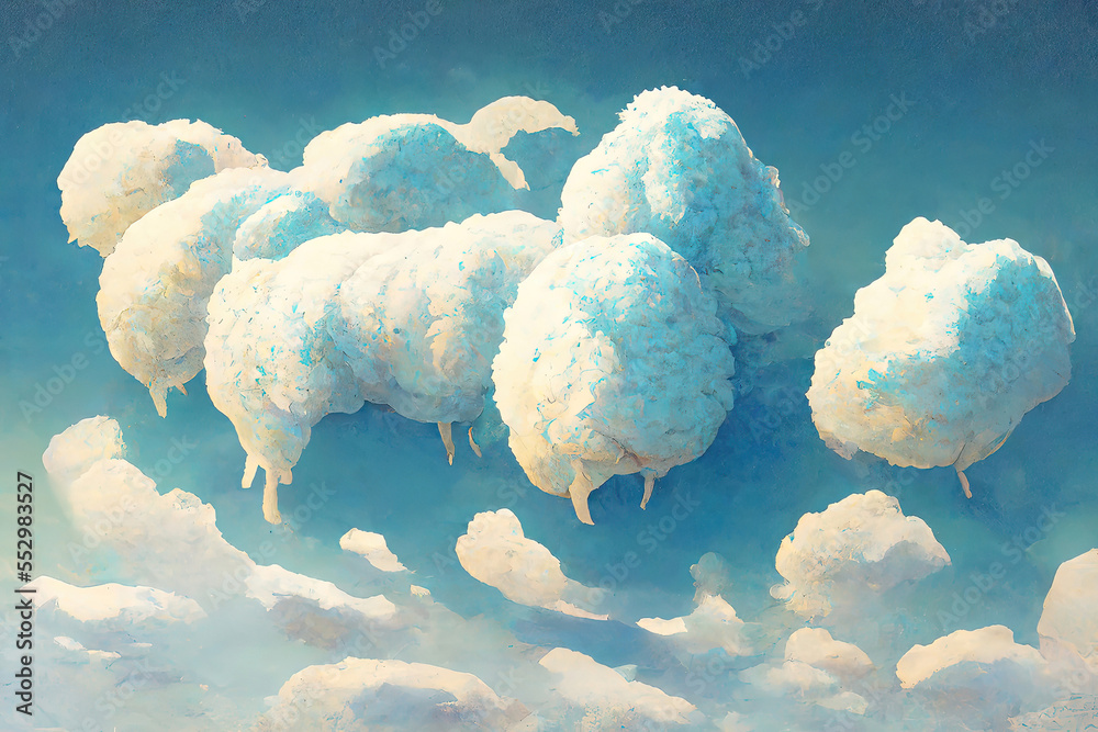 Big white clouds in the shape of sheep in a blue sky as illustration (Generative AI) Stock ...
