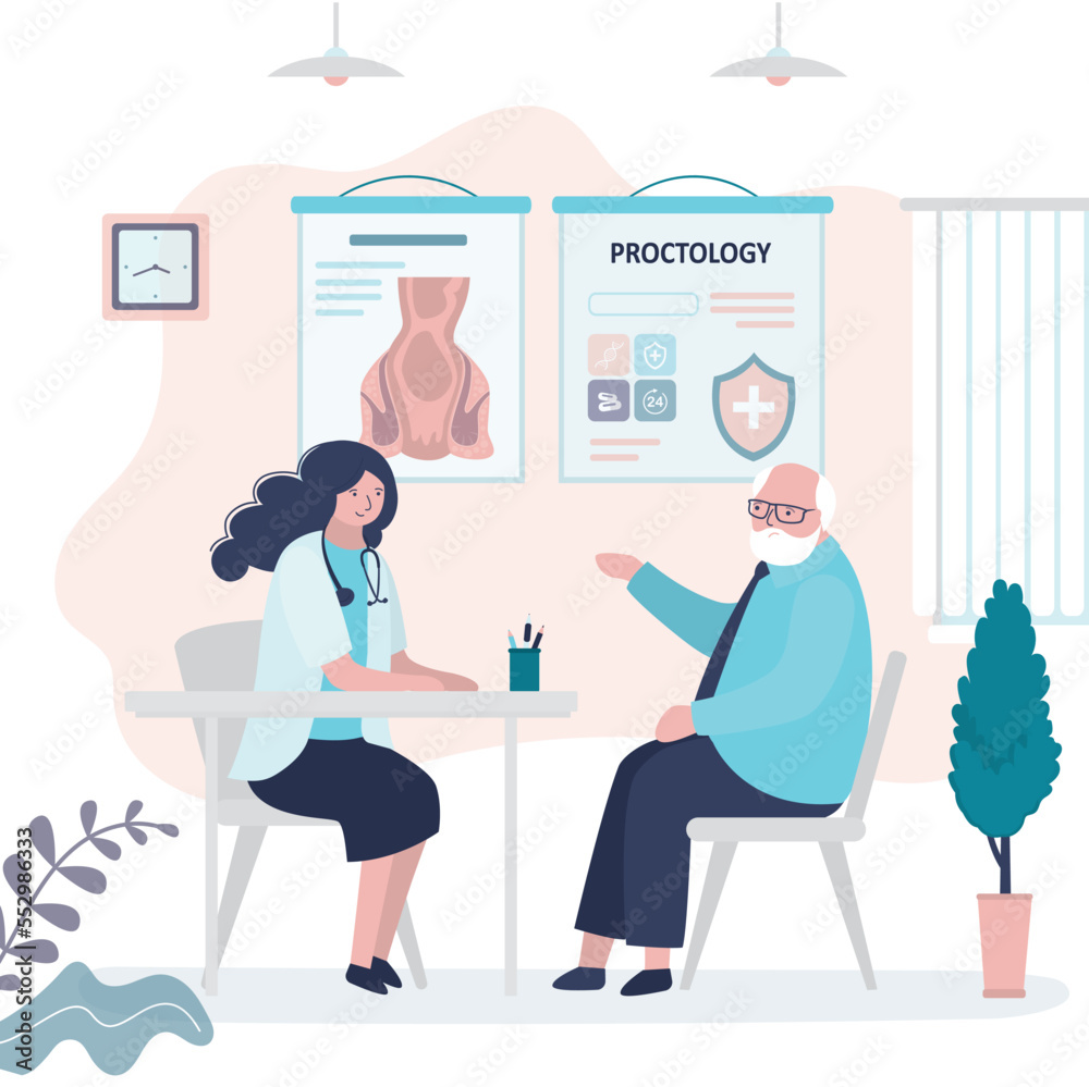 Elderly man consult with doctor proctologist. Medical office interior ...