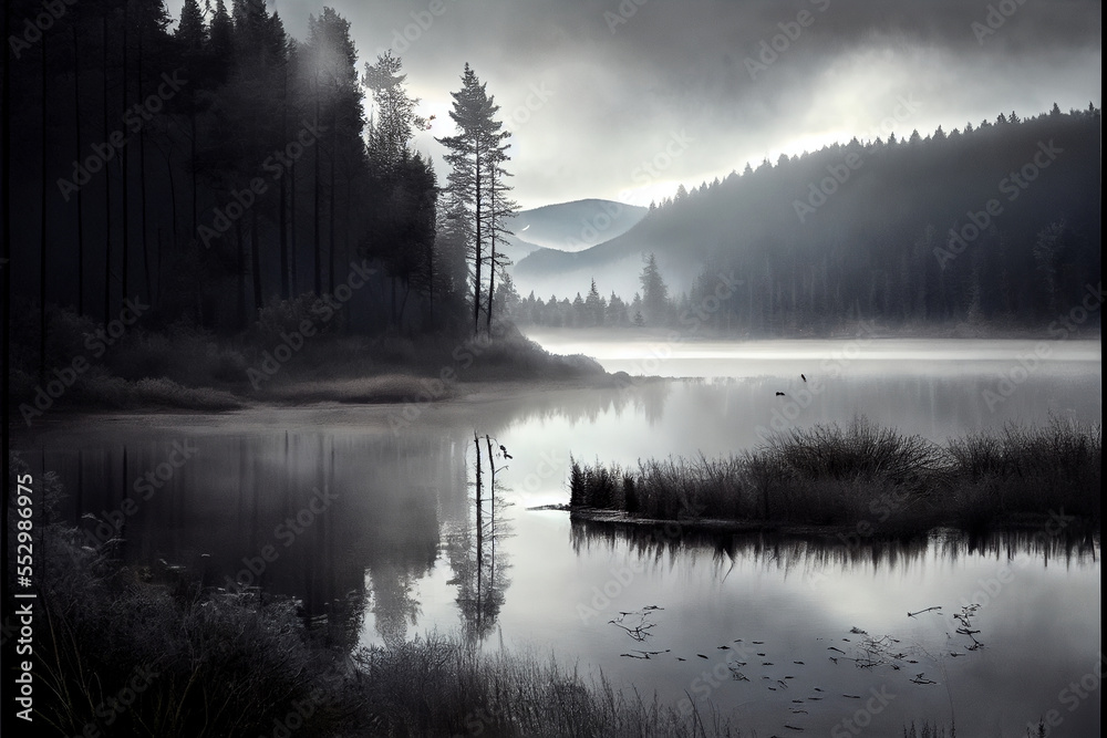 fog over the river. Designed using Generative AI. Stock Illustration ...