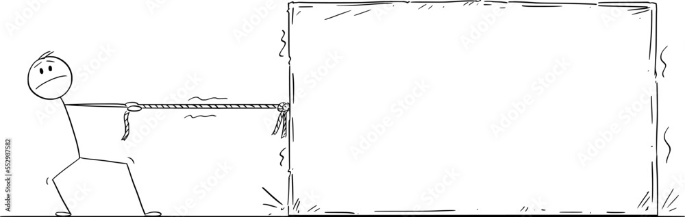 Person Dragging Rock or Stone Block, Vector Cartoon Stick Figure ...