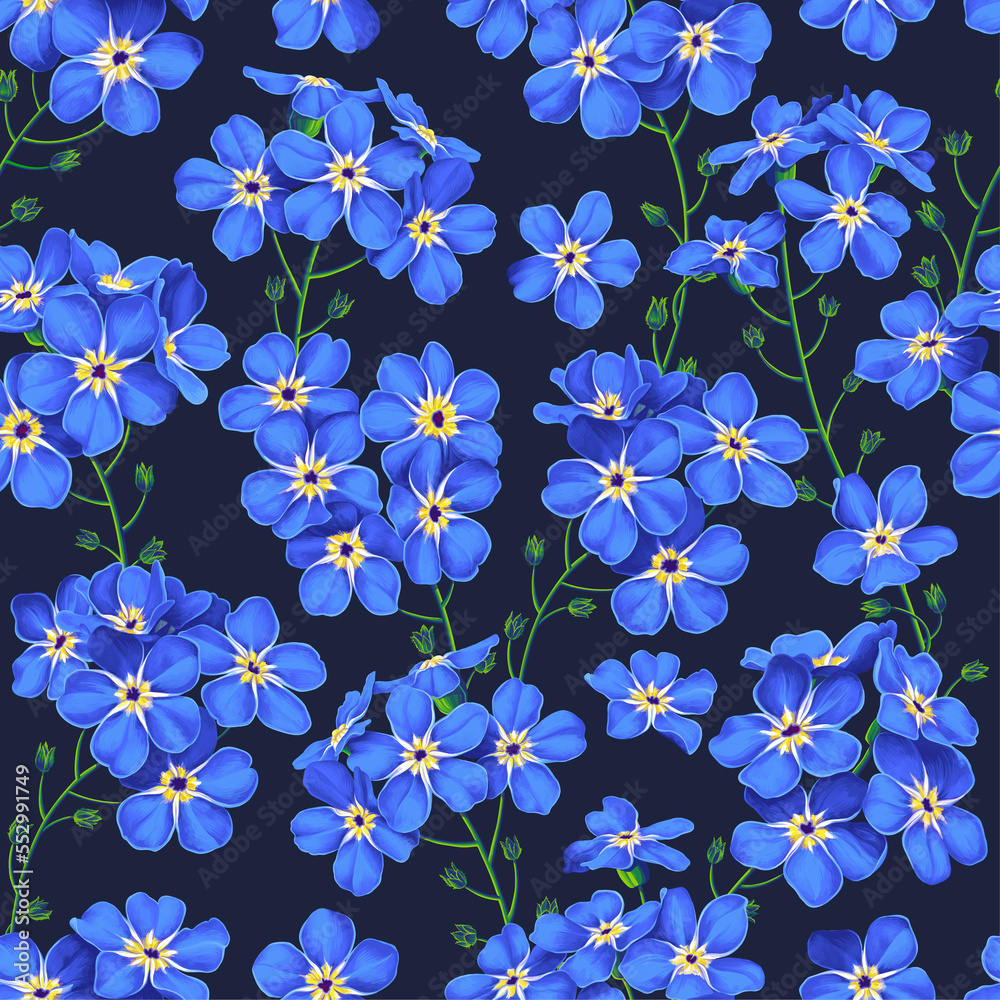 Seamless vector pattern with blue Forget Me Nots on dark background ...