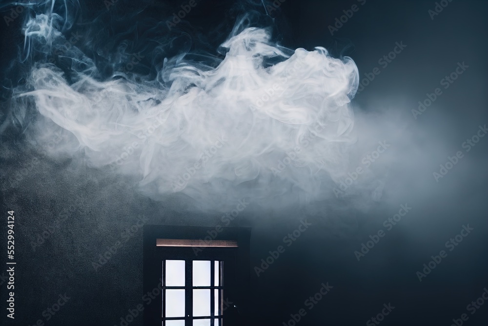 a window with smoke coming out of it in a dark room with a window sill ...