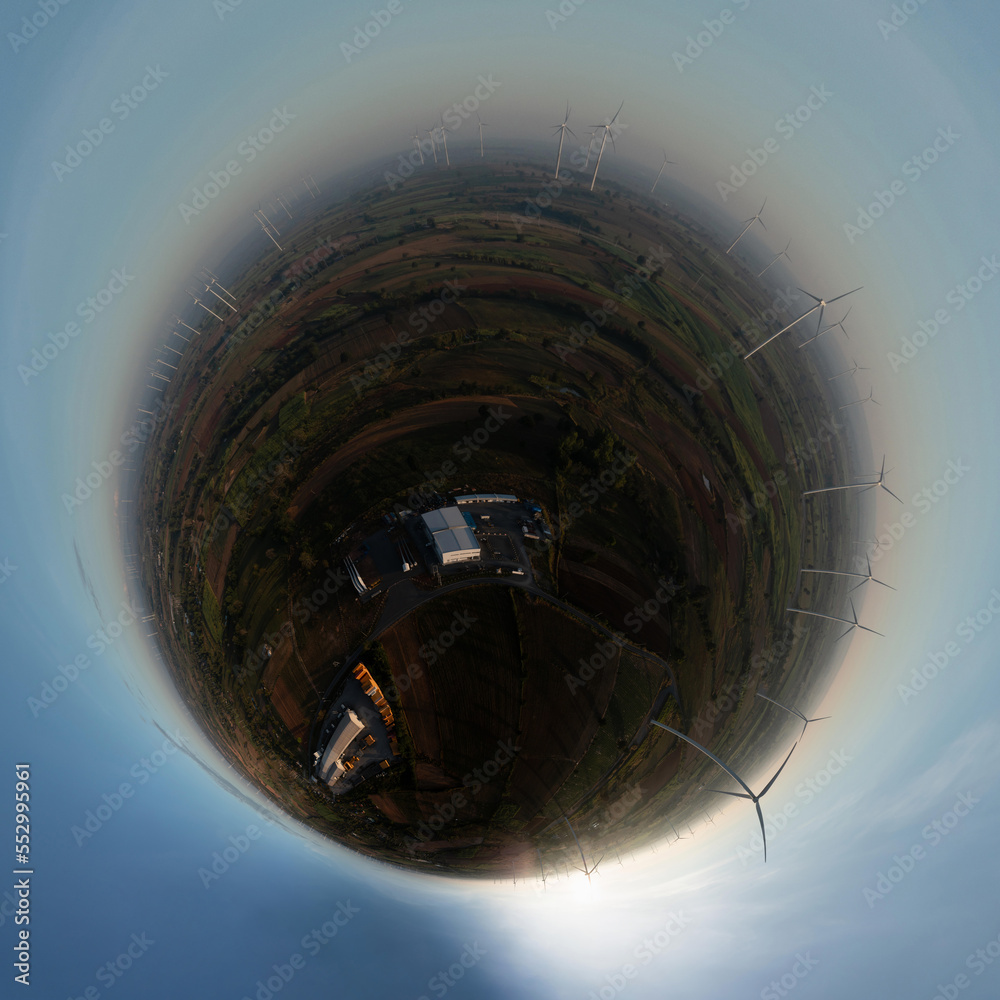 360 Degree Spherical panorama of Aerial view Powerful wind turbine farm ...