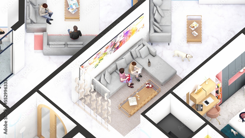 Isometric Blow up of an apartment interior showing living room and ...
