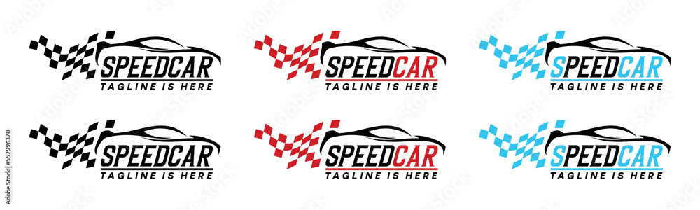 Speed car with racing flag icon vector logo. Fast sport car or hot rod ...