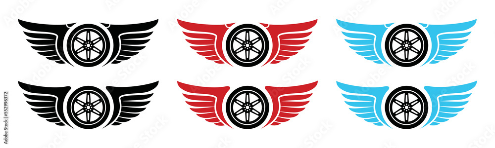 Car wheels rims with wings icon vector. Vehicle wheels and wings of ...