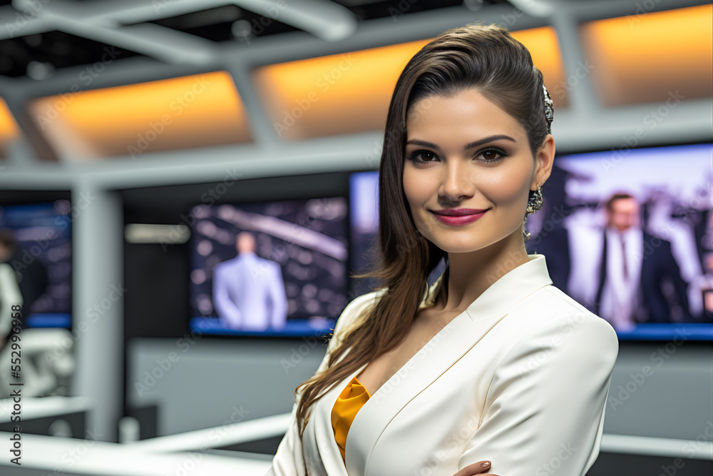 News anchor in the TV Studio . Beautiful girl reading the news AI ...