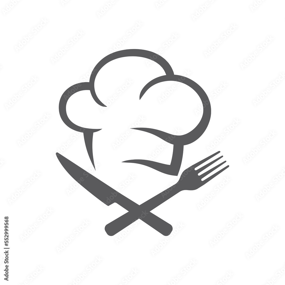 Restaurant logo, food symbol with chef cap. Crossed kitchen knife and ...