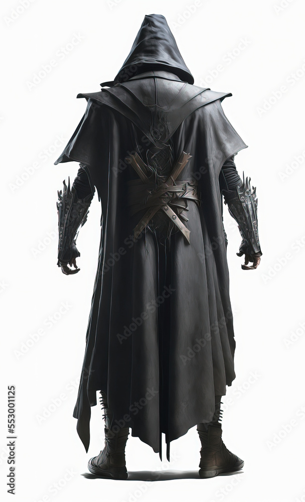 personnage de fantasy de dos sur fond blanc, assassin Stock ...