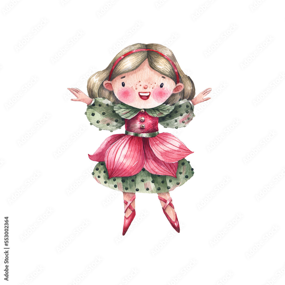 Flower fairy, little princess dressed as a rose watercolor illustration ...