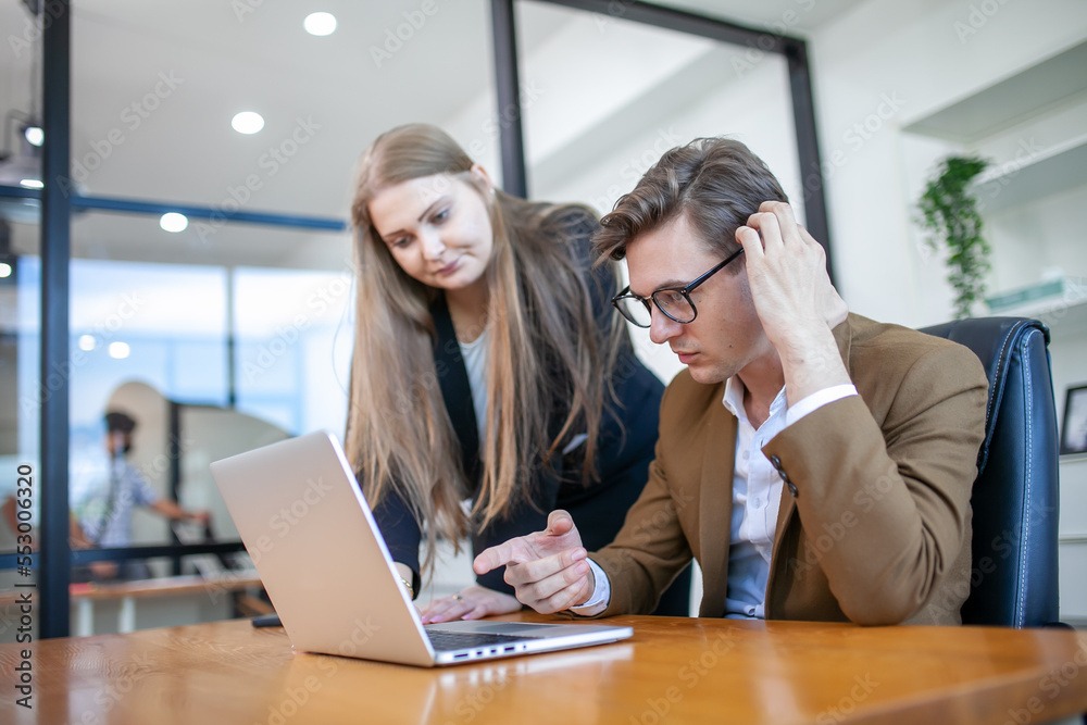 business team male and female colleagues talking at work share ideas ...