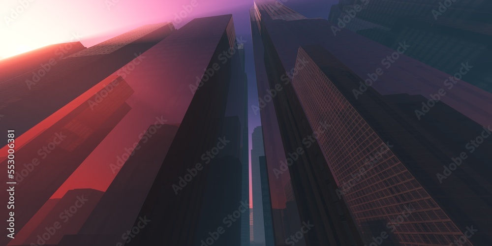 Modern city with skyscrapers in the rays of the rising sun, sunset over ...