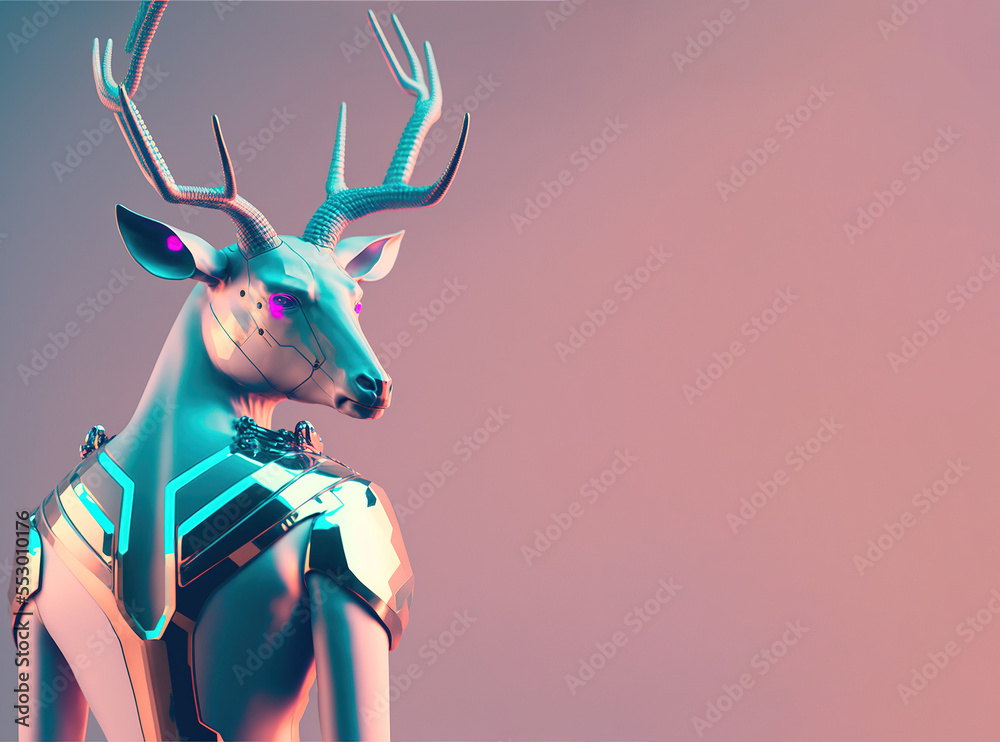 Neon cyber portrait of a cyborg robot deer with big horns, electric ...