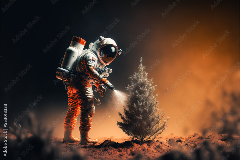 Futuristic white warrior astronaut robot in cyber suit and helmet ...