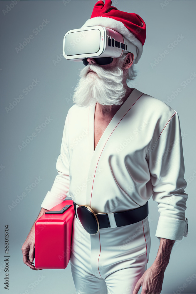 Cyber futuristic modern Santa in white suit with VR glasses. Virtual ...
