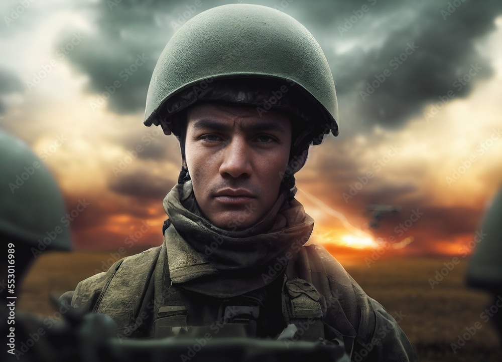 A portrait of a Ukrainian soldier tired of war, a sad look ...